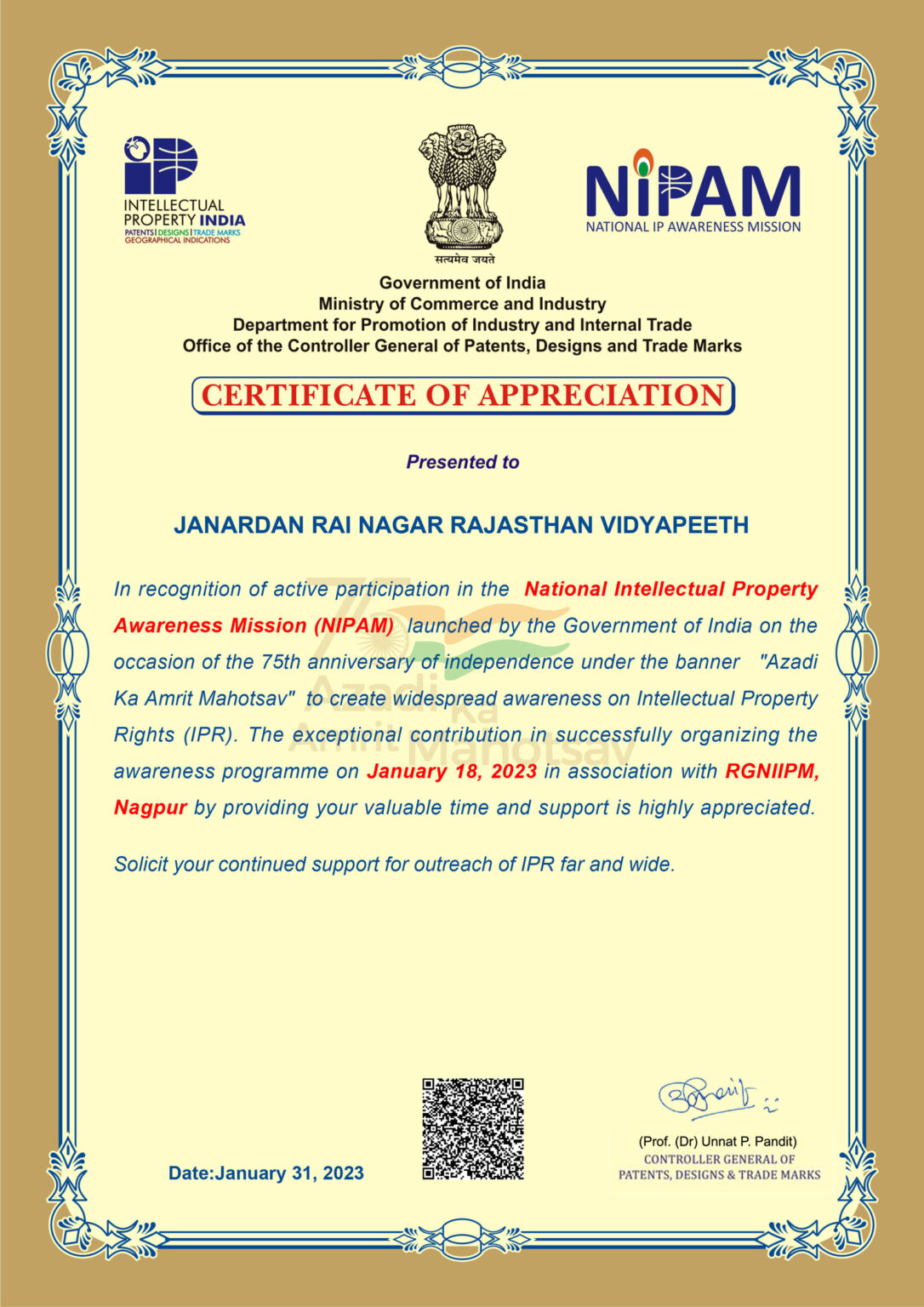 Certificate – Janardan Rai Nagar Rajasthan Vidyapeeth