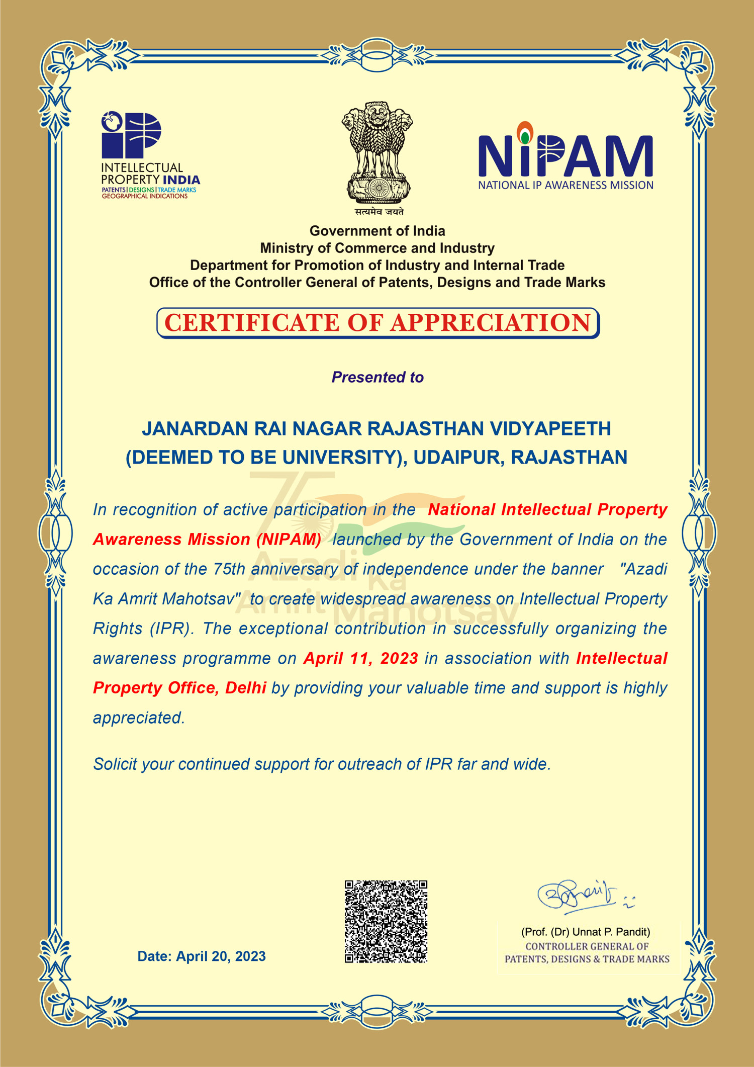 Certificate – Janardan Rai Nagar Rajasthan Vidyapeeth